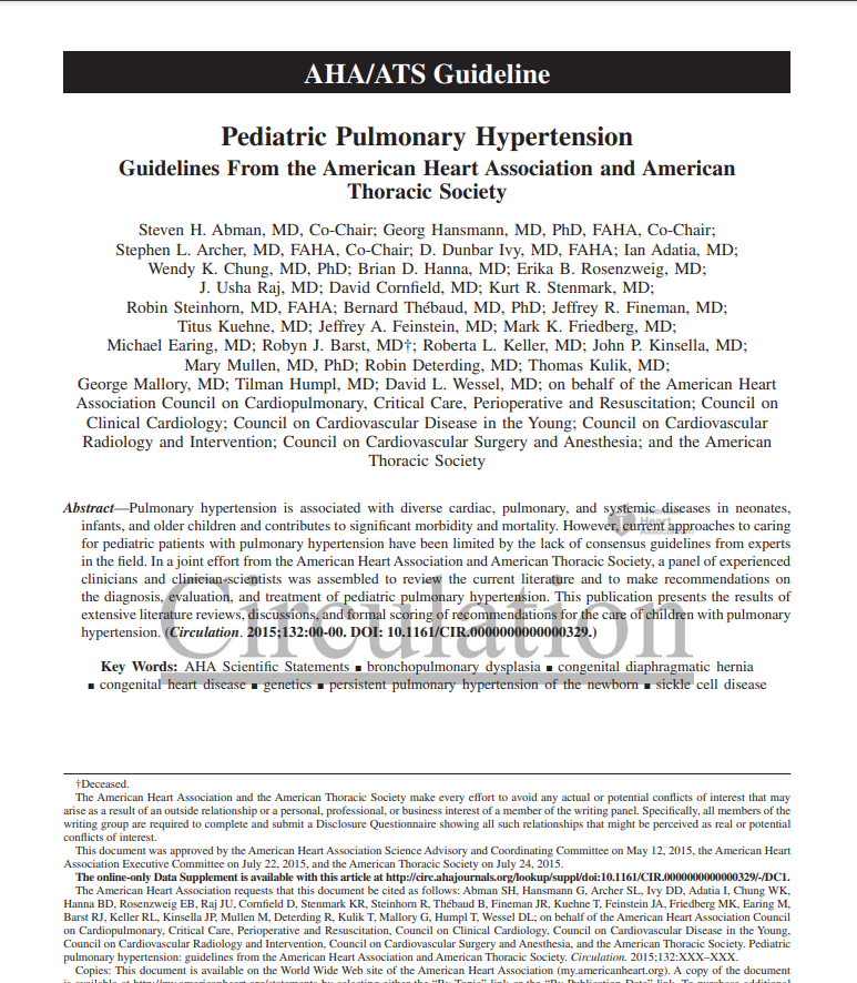 Pediatric Pulmonary Hypertension AHA ATS 2015 Guidelines Heart
